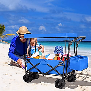 AthLike Collapsible Wagon Folding Garden Cart w/Removable Canopy, Extra Large Heavy Duty Portable Camping Beach Utilit Cart w/Adjustable Push Pull Handle, 7" Wide All-Terrain Wheel for Shopping Picnic