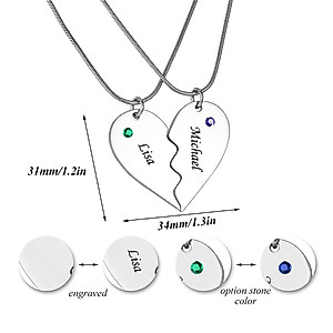 Valyria Personalized Engraved Stainless Steel Matching Heart Puzzle Pendant His and Hers Necklace Custom Couple Name Necklaces(2 Half Heart-Silver) VA002