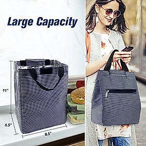 Mziart Insulated Lunch Bag for Women Men, Foldable Reusable Bento Lunch Bag Lunch Box Cooler Waterproof Lunch Tote Bag Lunch Container for Work Office Picnic or Travel (Blue White Stripes)
