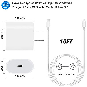 20W USB C Fast Charger with 10ft USB C to C Charging Cord for 2022/2021/2020/2018 iPad Pro 12.9 Gen 6/5/4/3, iPad Pro 11 Gen 4/3/2/1, iPad Air 5th/4th Generation, iPad 10th Generation, iPad Mini 6th