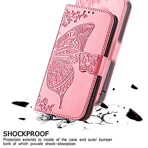 Designed for iPhone 13 Case Wallet for Women,Flip Folio Cover with Butterfly Embossed PU Leather Kickstand Credit Card Holder Slots Magnetic Wrist Strap Protective Phone Case for iPhone 13 (Pink)