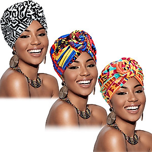SATINIOR 3 Pieces African Turban for Women Knot Pre-Tied Bonnet Beanie Cap Headwrap (Black Orange Pink Geometry)