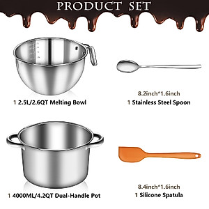 Artcome 304 Stainless Steel Double Boiler Set - 2.6QT Melting Bowl with Scale and Handle - 4.2QT Dual-Handle Pot - Stackable Water Bath Melting Pot Set for Butter, Chocolate, Wax, Sugar, Candle