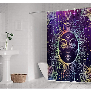 NTETSN Sun Moon Shower Curtain, Burning Sun with Star Psychedelic Theme Bath Curtain, Washable Upgrade Polyester Fabric for Bathroom Set with Hooks, Purple YLYYNT7-60(6072)