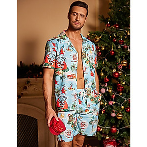 COOFANDY Christmas Sets For Men Short Sleeve Button Down Santa Vacation Shirts 2 Piece Outfits