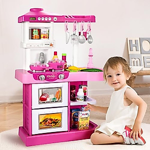 Temi Play Kitchen Playset Pretend Food - 53 PCS Pink Kitchen Toys for Toddlers, Toy Accessories Toddler Set w/Real Sounds and Light, Toddler Outdoor Playset for Kids, Girls & Boys