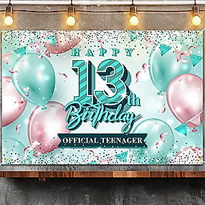 Happy 13th Birthday Banner Backdrop Official Teenager 13 Years Old Pink and Teal Background Bday Decorations for Girls Photography Party Supplies Glitter