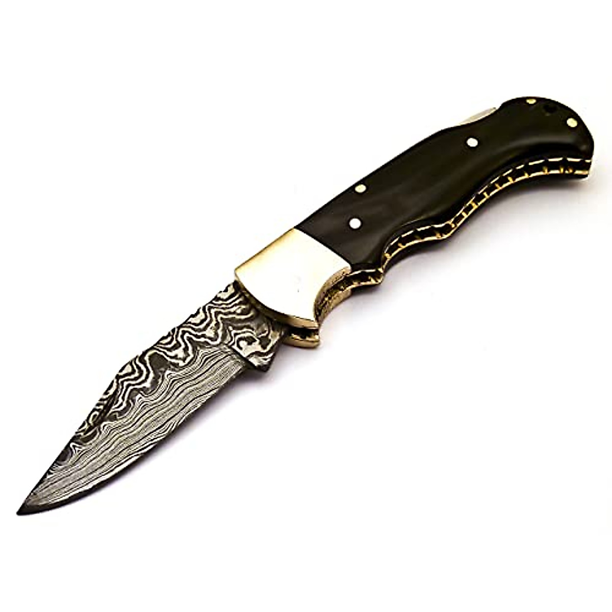 Skokie Knives Custom Hand Made Damascus Steel Hunting Folding Knife Handle Bull Horn