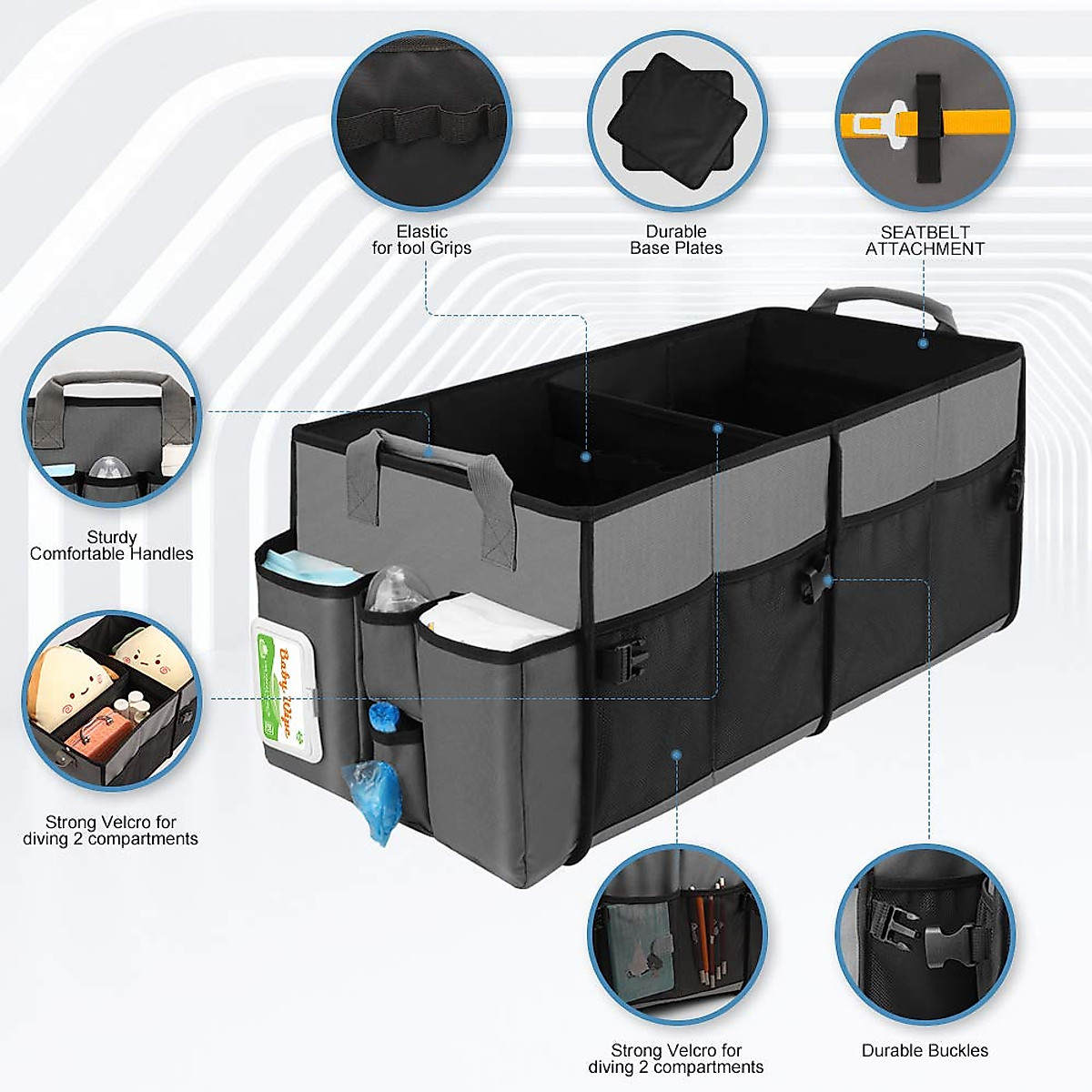 Collapsible Trunk Organizer & Diaper Changing Station, Baby Diaper Caddy Organizer with Movable Dividers, Easy-to-Reach for Back Seat Travel Car Organizer, Waterproof Car Trunk Organizer Groceries