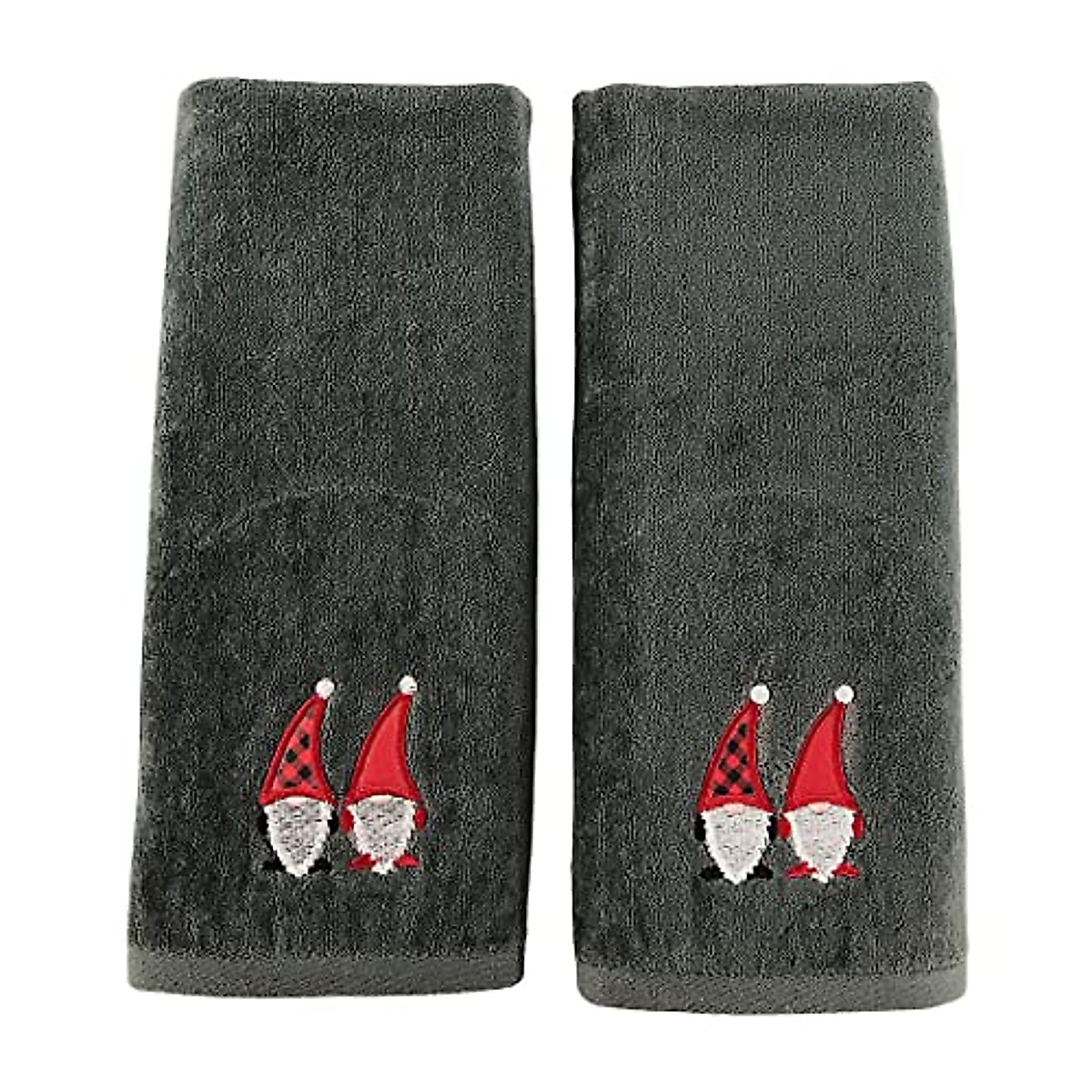 Christmas Gnomes Towel Set: Dark Grey Hand Towels with Red White Embroidery Jolly Nordic Gnome, Set of 2