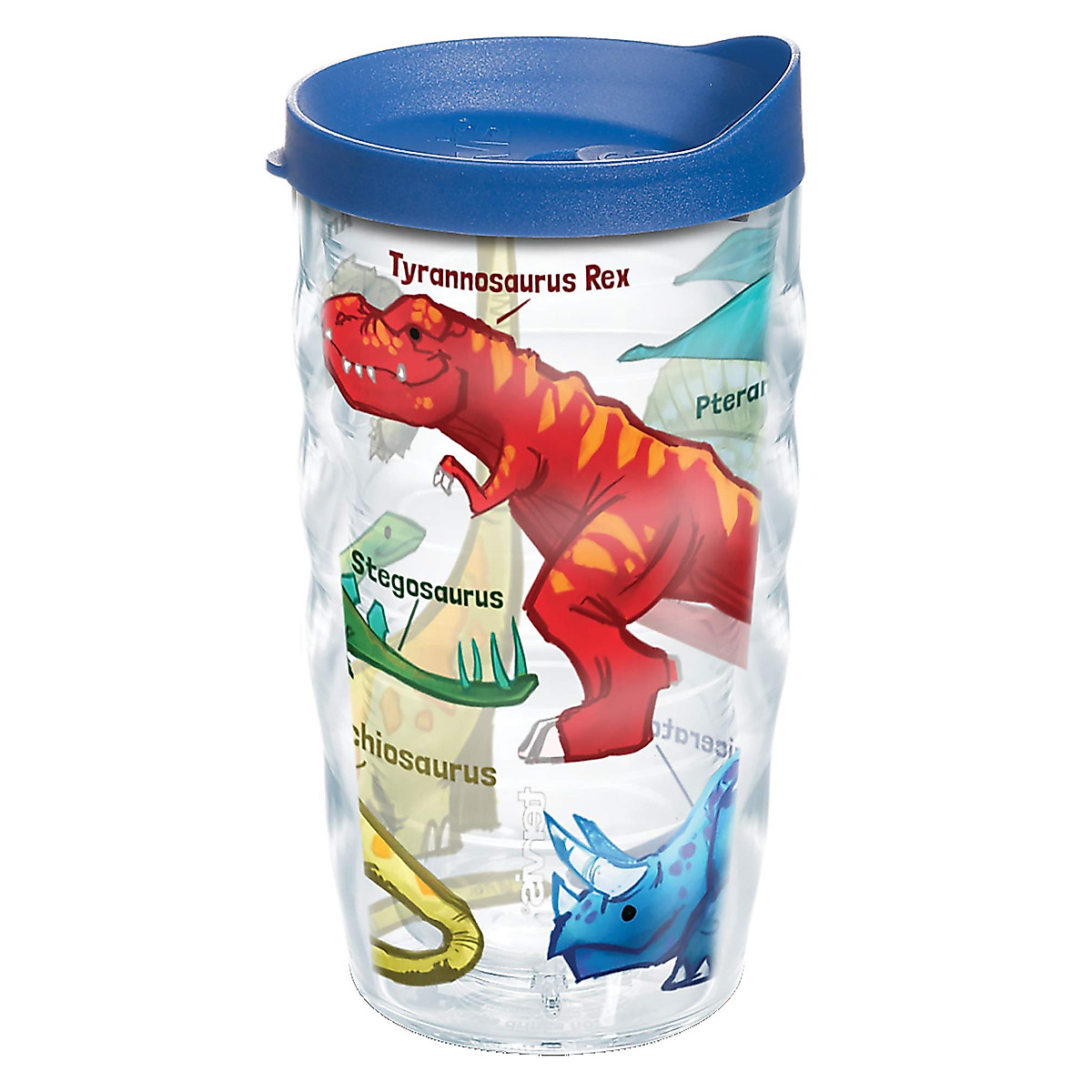 Tervis Made in USA Double Walled Dinosaurs Insulated Plastic Tumbler Cup Keeps Drinks Cold & Hot, 10oz Wavy - Blue Lid, Clear