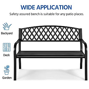 Topeakmart Garden Bench Outdoor Park Metal Bench, Cast Iron Steel Frame Patio Bench Porch Bench with Cross Design and Slatted Seat Clearance for Path, Yard, Backyard, Work, Lawn, Balcony, Deck - Black