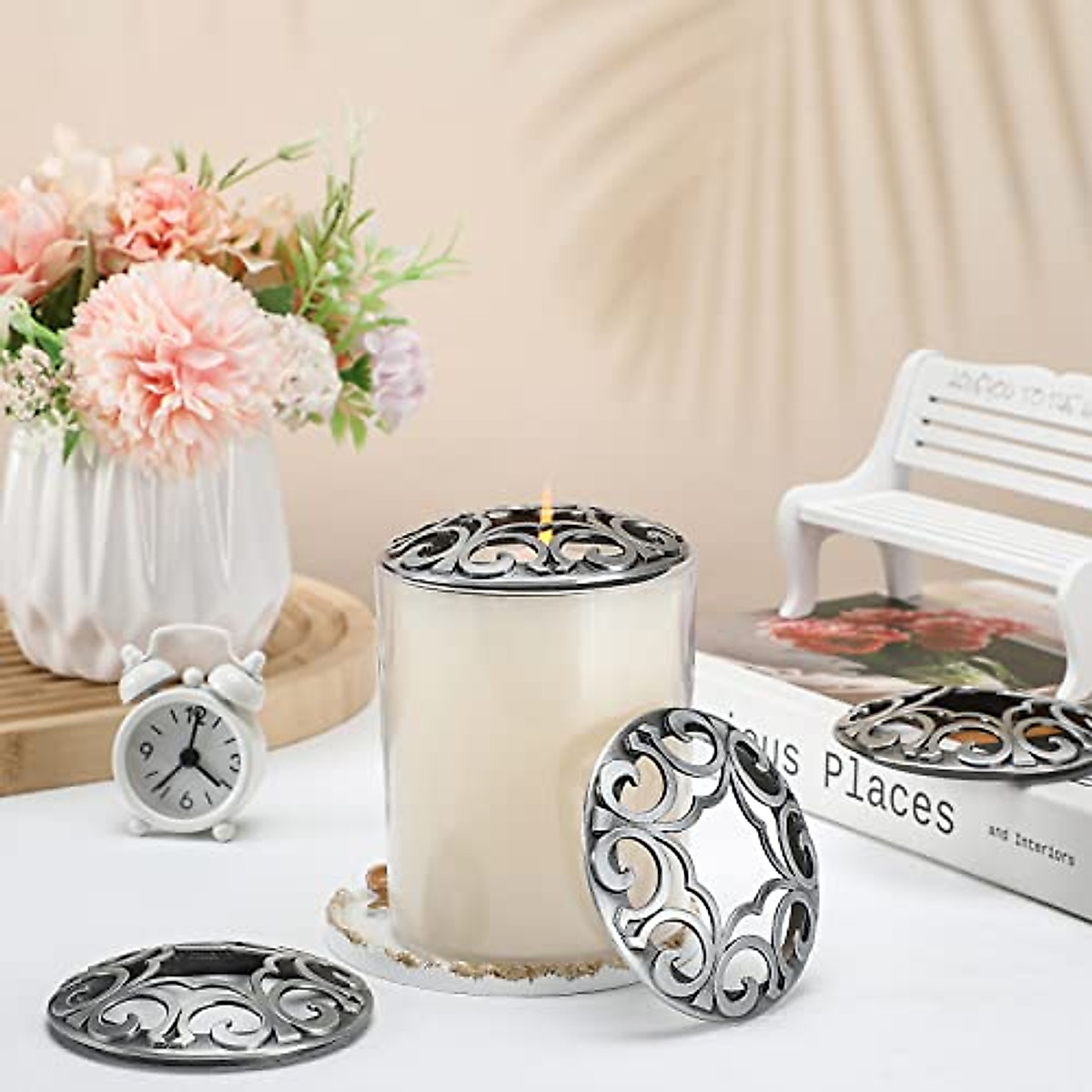4 Pcs Candle Toppers Jar Candle Cover Scented Candle Toppers to Burn Evenly Large Jar Candle Shades Jar Candle Sleeve Jar Candle Accessories Jar Candle Lid Candles Gifts for Candle Lover, Silver