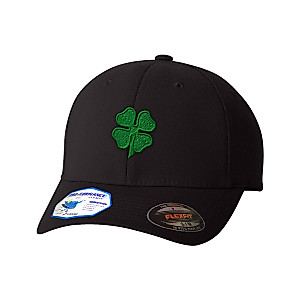 Four Leaf Shamrock Clover Irish Ireland St Patricks Patty Flexfit Adult Pro-Formance Branded Hat Black Large/X-Large
