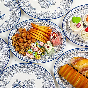 50 PCS Blue Floral Oval Paper Plates Blue & White Floral Party Tableware Set Blue and White Flowers Disposable Party Supplies Bridal Birthday Baby Shower Tea Dinnerware Plates Napkins Forks Serve 50