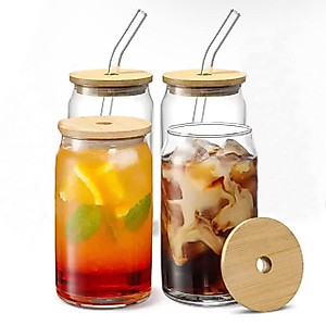 Drinking Glasses with Bamboo Lids and Glass Straw, 4Pcs Cute Tumbler Cup 16oz Can Shaped, Glass Cup, Ideal for: Beer, Iced Coffee, Cocktails, Soda & more, with 2 cleaning brushes.