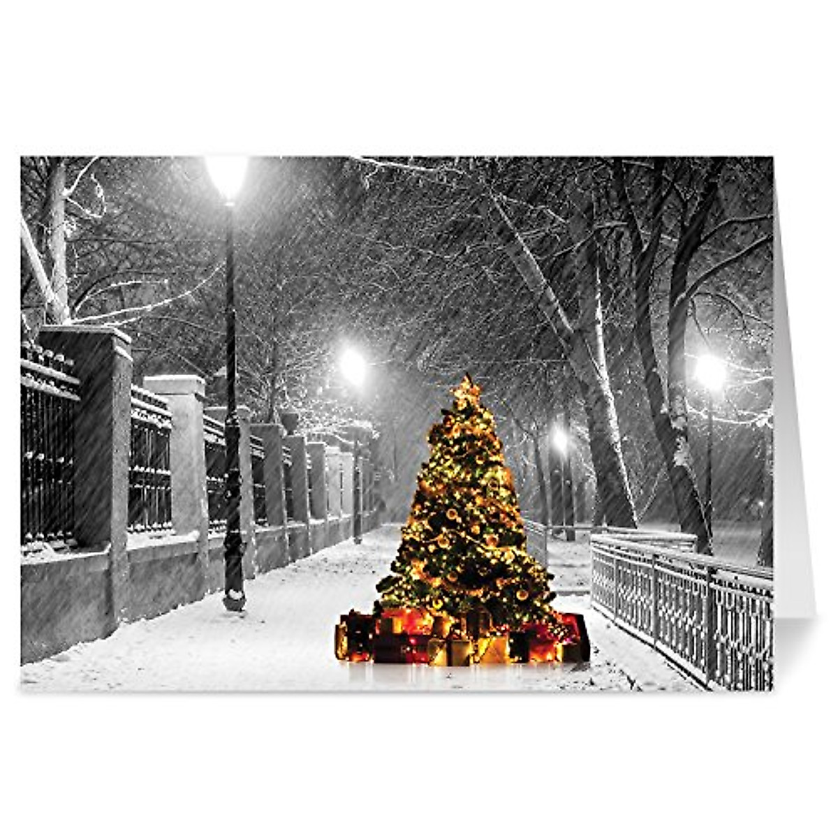 Christmas Cards, Holiday Cards - One Jade Lane - Lighted Tree in the Snow, 5x7, Heavy Stock, Set of 18 Cards & Envelopes, Seasons Greetings Cards.