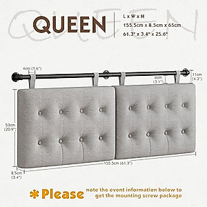 Yojoker Wall Mounted Headboard Queen, Hanging Upholstered Headboards for Queen Size Bed, Boho Floating Dorm Bed Headboard, Upholstery Button Tufted Wall Head Board for Bedroom-Grey
