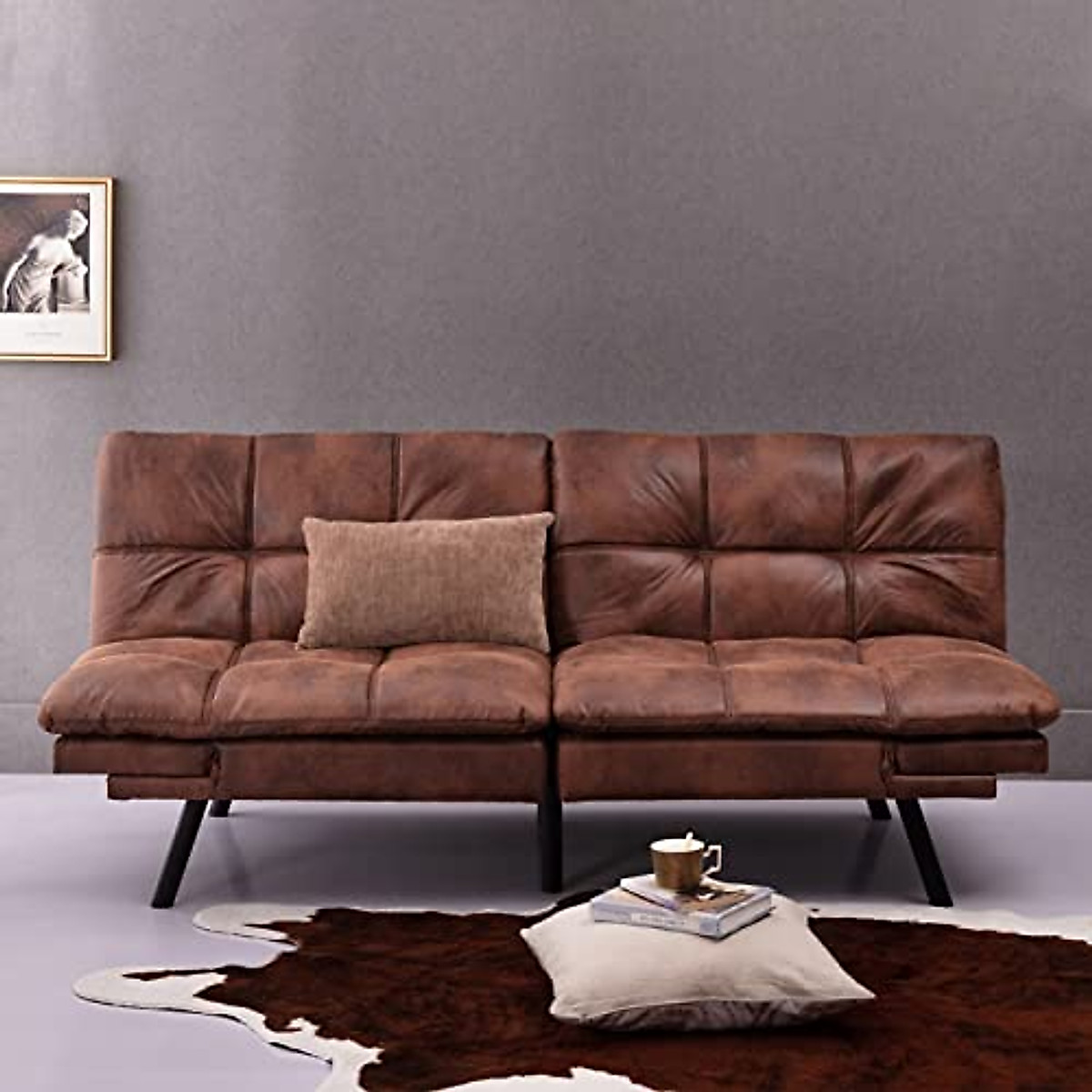 GLANZEND Retro Convertible Futon Sofa, Memory Foam PU Couch Folding Sleeper Bed with Adjustable Armrests, Faux Leather Thicker Cushion for Living Room Apartment Office, Brown