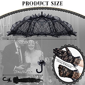 Amylove Lace Parasol Umbrella and Lace Gloves Set Wedding Bridal Umbrella for Decoration Tea Party Costume 31.5 Inch Adult Size(Black)