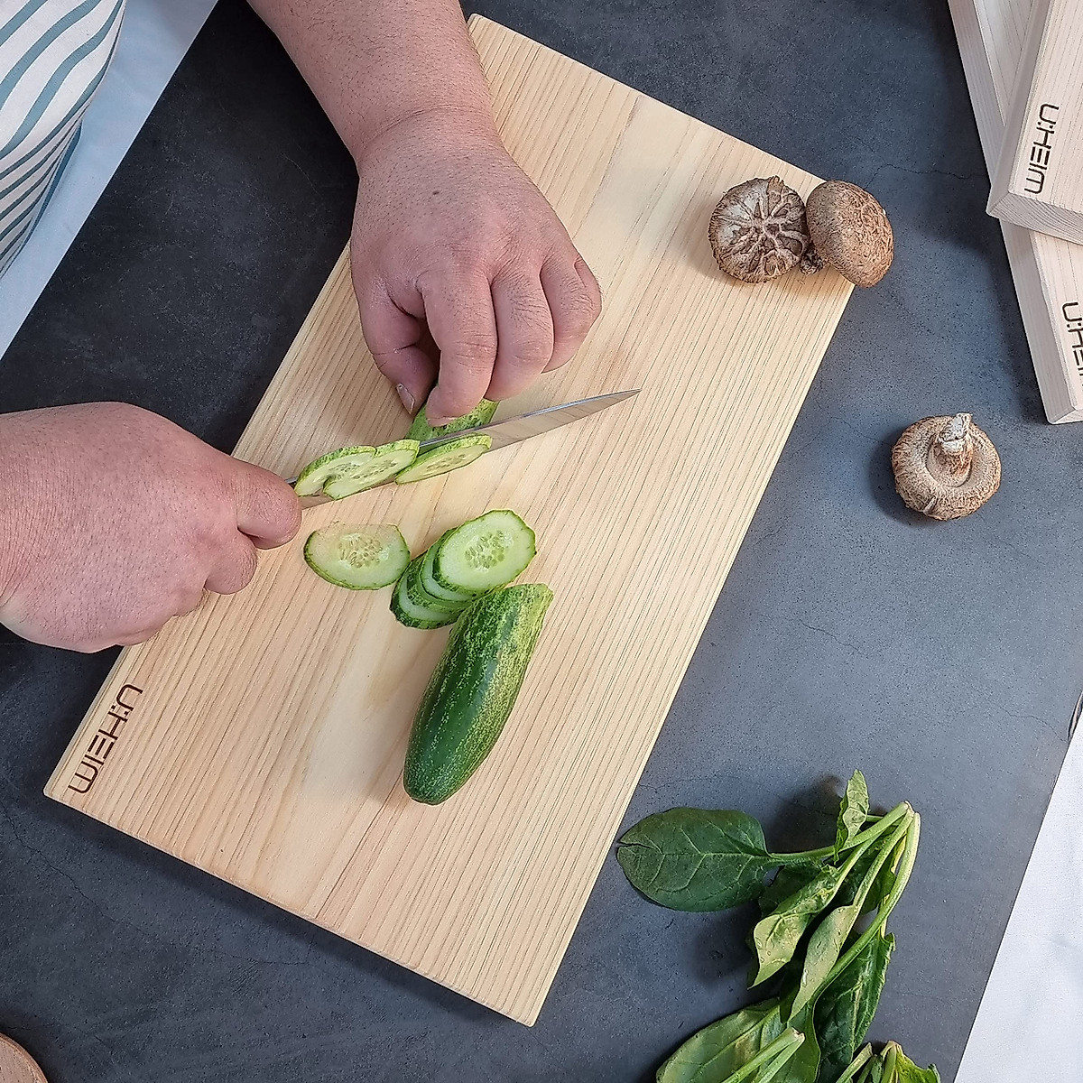 UHEIM Premium One-Piece Cypress Hinoki Solid Wood Cutting Board, Korean Cutting Board for Kitchen, Chef. Wooden Kitchen Double Chopping, Cutting, Serving Board. Large, Middle, Small 3 Size (Middle)