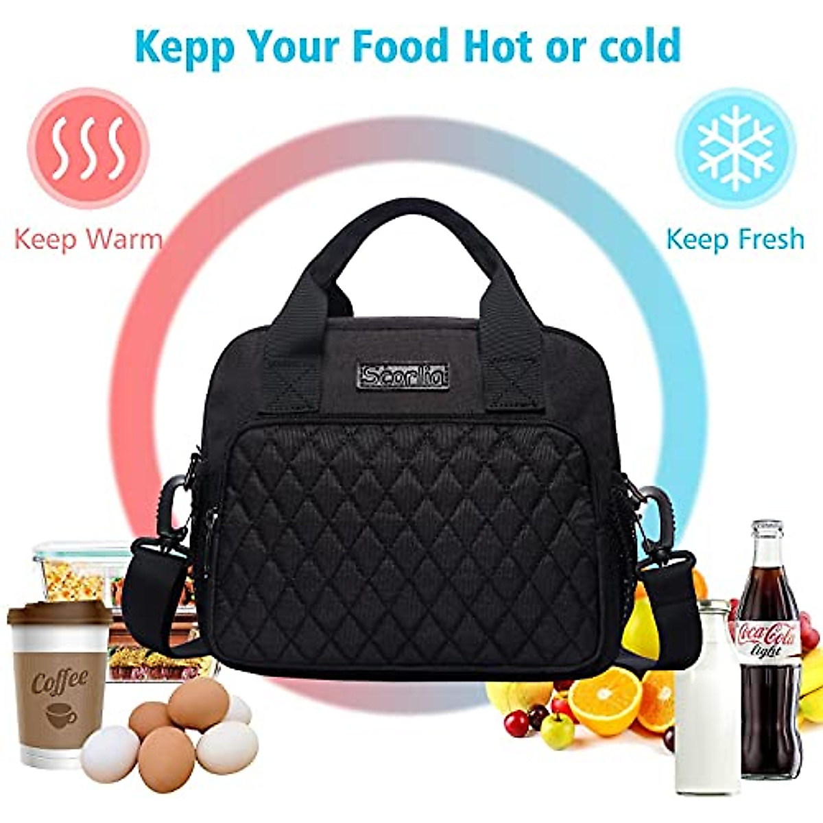 Scorlia Insulated Lunch Bag for Women/Men, Reusable Lunch Cooler Box Lunch Tote, Thermal Meal Prep Lunch Organizer with Adjustable Shoulder Strap and Side Pockets for Adults, Work, Black