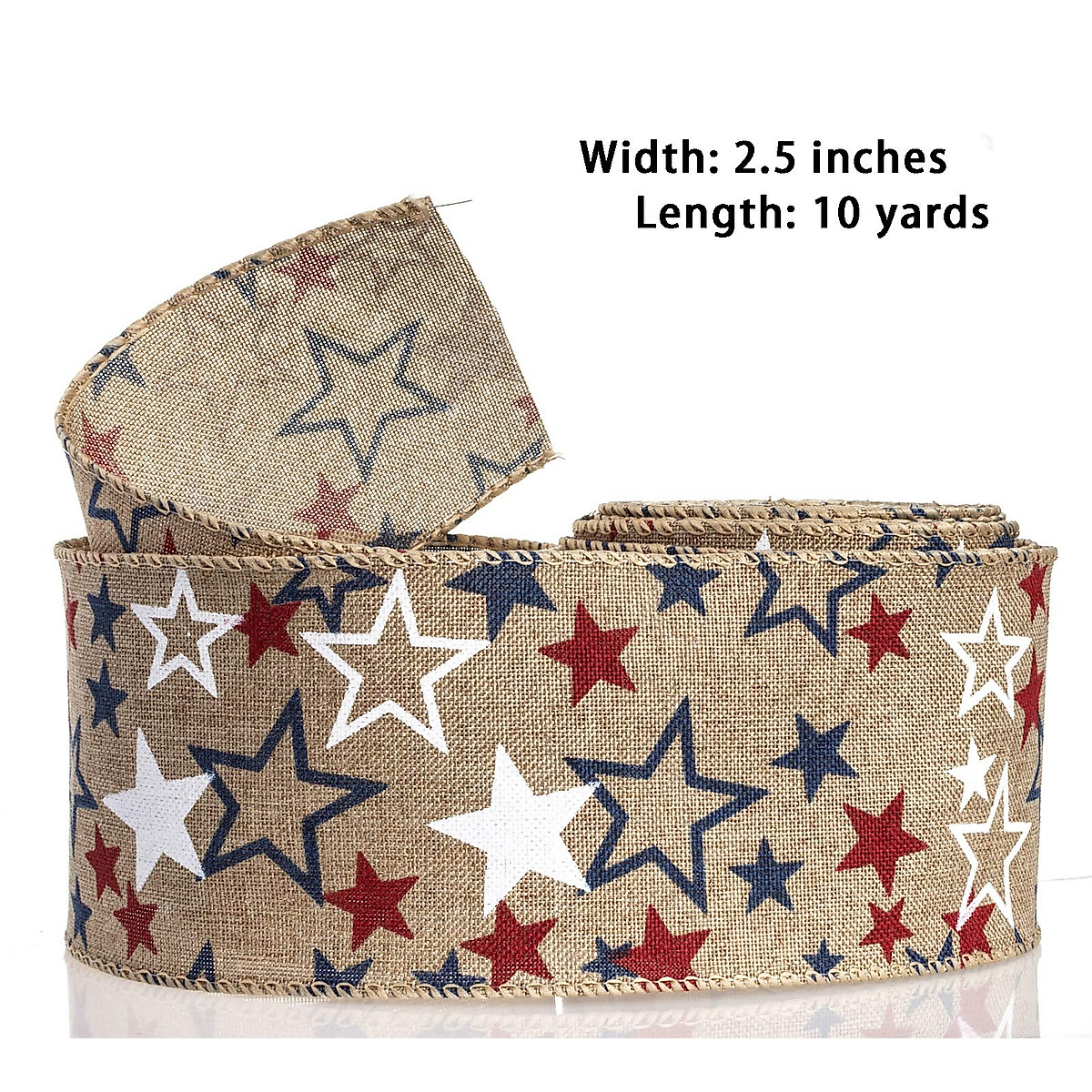 Red White Blue Stars Pattern Wired Edge Burlap Ribbon, 10 Yards by 2.5 Inches (Style 3)