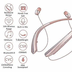 Retractable Bluetooth Headphones Neckband, Wireless Headsets Stereo Earbuds Earphone Noise Canceling with Mic Compatible with iPhone,Samsung,Android,iPad,PC