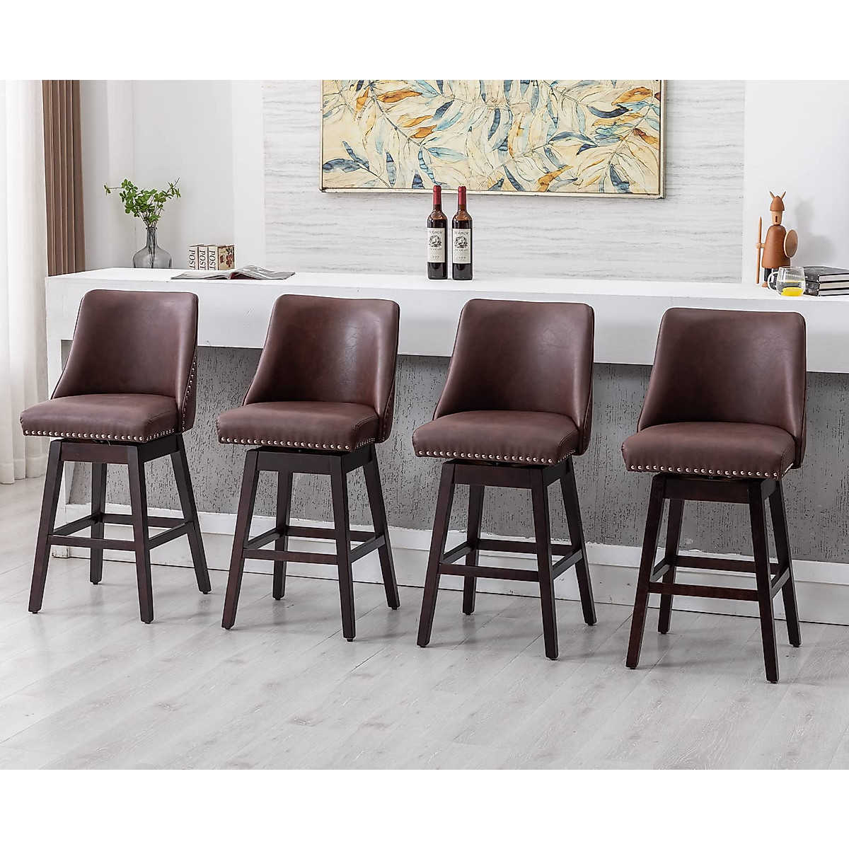 Kmax Leather Counter Height Bar Stools Swivel Farmhouse Bar Stools with Wood Legs Nailhead Footrest for Kitchen Island, Set of 2- Chocolate