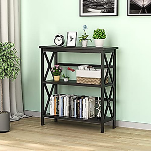 Tangkula 3-Tier Bookshelf, Vintage Wooden Bookcase with X-Style Frame, Anti-Toppling Device, Open Shelf Bookcase for Entryway Living Room Home Office, Multifunctional Storage Shelf (Black)