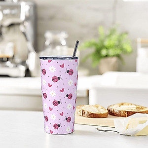 JASROTAO Daisy Ladybug Tumbler,Ladybug 20oz Stainless Steel Insulated Travel Tumbler,Travel Coffee Mug with Lid and Straw Water Bottle Drink Tumbler Cups Gifts for Women Men Lovers