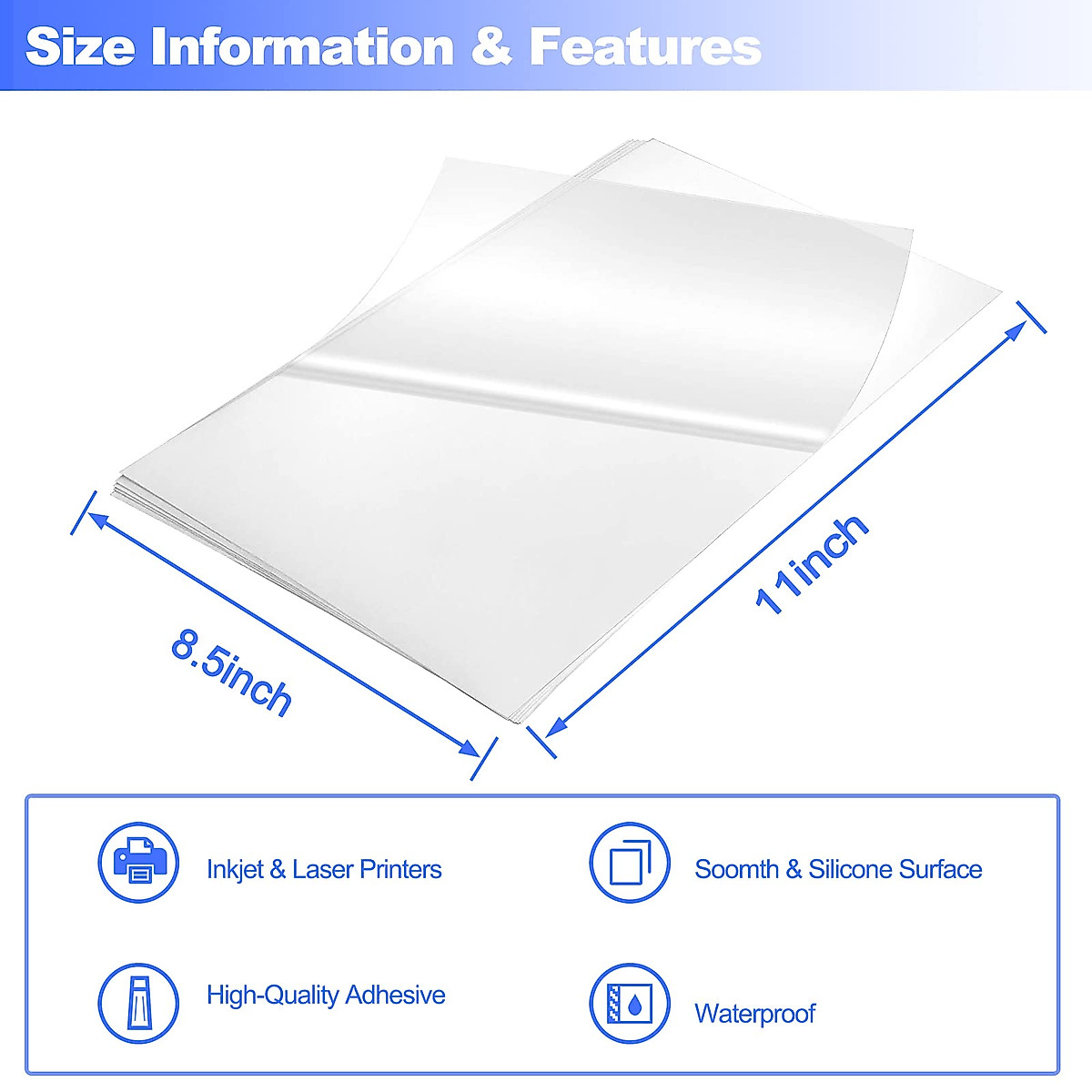 Printable Vinyl Sticker Paper Waterproof, Clear Sticker Paper for Laser and Inkjet Printer, 8.5" x 11"