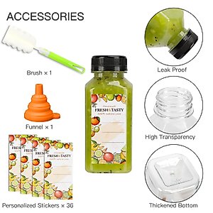TOMNK 35pcs 8oz Plastic Juice Bottles with Caps, Reusable Clear Bottles with Label, Funnel and Brush Beverage Containers Bulk with Lids for Juicing, Smoothies, Drinking