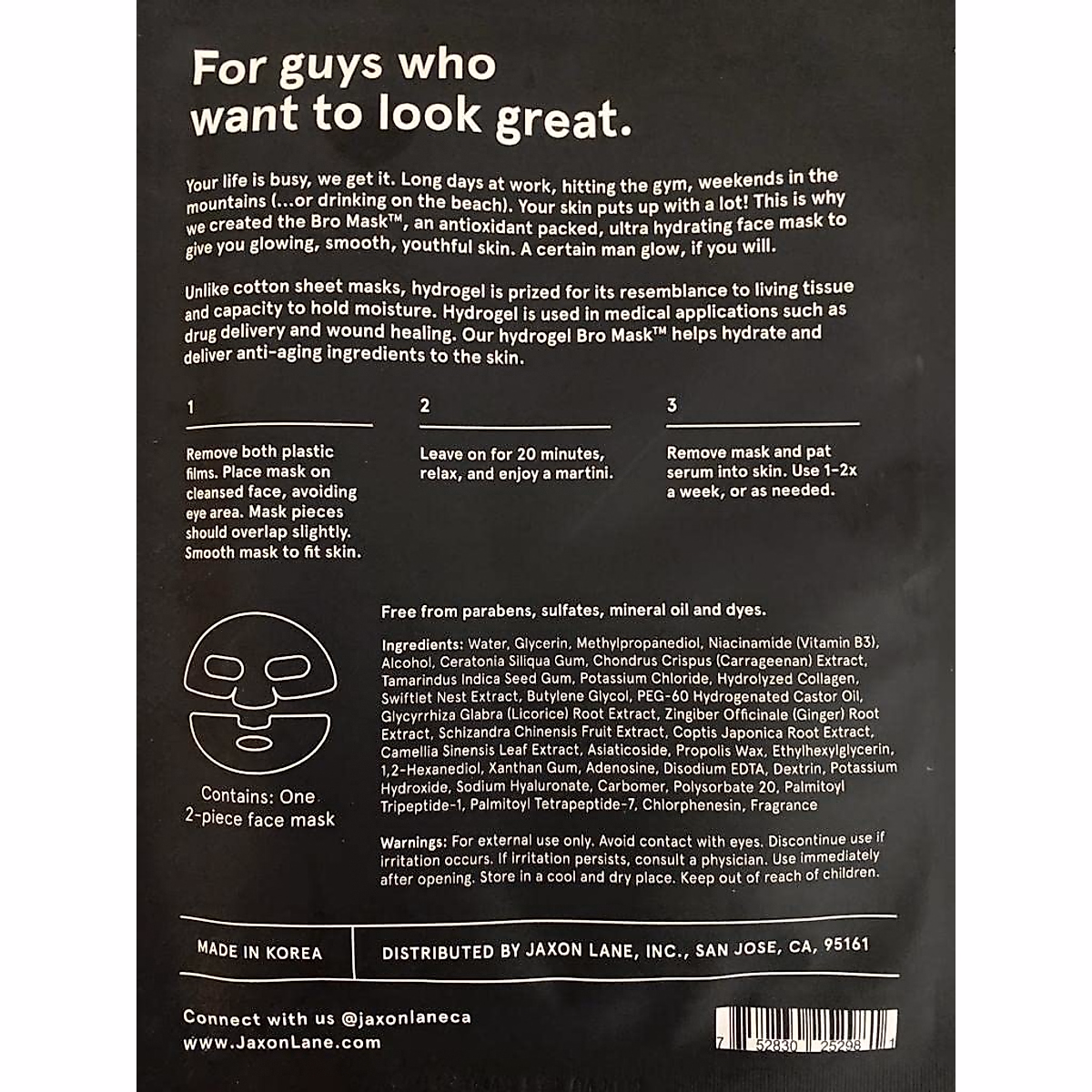 JAXON LANE BRO MASK: Korean Face Mask for Men | 2 Pc. Hydrating Anti Aging Sheet Masks Contains Vitamin C, Vitamin E, Hyaluronic Acid, Hydrolyzed Collagen for Face Care & Acne Treatment (4 Pack)