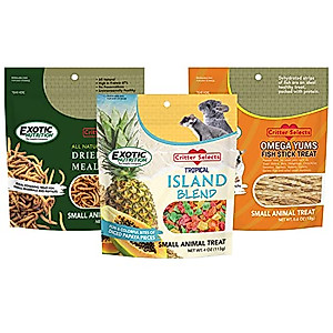 Treat Assortment 3 Pack - Pet Treats with Mix of Dried Fruits, Dried Insects, & Other Crunchies - for Sugar Gliders, Hedgehogs, Squirrels, Rabbits, Marmosets, Rats, Hamsters - Sample Variety