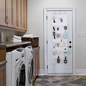 Over The Cabinet Door Organizer with 24 Clear Pockets, 60x18 inch Behind The Pantry Door Storage Organizer, Back of Bathroom Door Storage Organizer, White