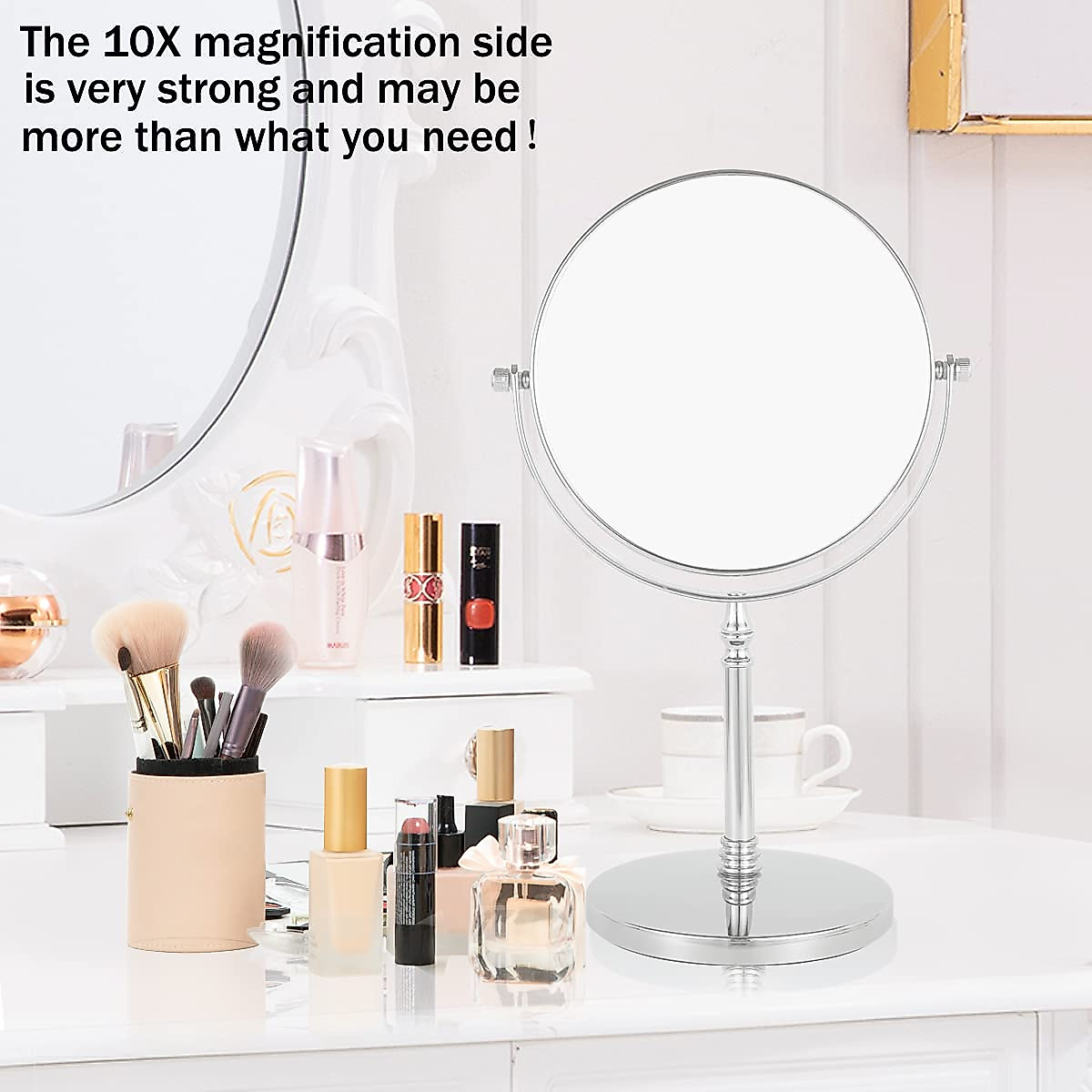 TAOKEY 8Inch 10X Magnifying Mirror, Double Sided Makeup Mirror on Round Stand for Tabletop, Bedroom Vanity Desk and Bathroom Counter - Free Standing Double Sided 10X/1X Magnification Mirror.