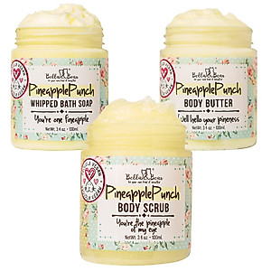 Bella & Bear Mini Travel Size Pineapple Bundle, Body Scrub, Whipped Bath Soap & Body Butter