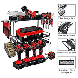 PCBRWA Wall Mounted Power Tool Storage Rack - Heavy Duty Wall Mounted Tool Rack with 3 Layer Metal Tool Organiz and storage with Screwdriver Holder/Plier Holder(Black)