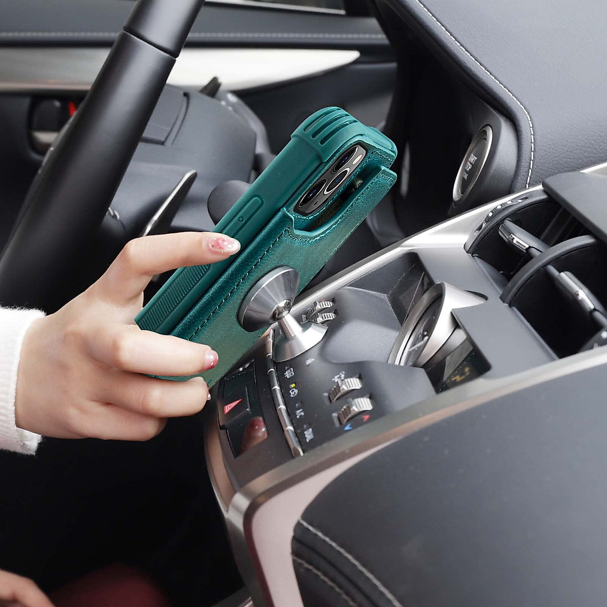 VANAVAGY Compatible for iPhone 13 Pro Wallet Case for Women Men, PU Leather Flip Folio Phone Cover Fits Magnetic Car Mount with Credit Card Holder, Midnight Green