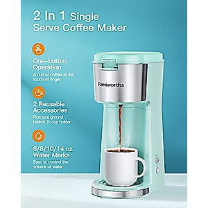 Famiworths Single Serve Coffee Maker for K Cup & Ground Coffee, With Bold Brew, One Cup Coffee Maker, 6 to 14 oz. Brew Sizes, Fits Travel Mug, Oyster Green