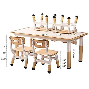 JIAOQIU Kids Art Table and Chair Set with 4 Seats Height Adjustable Children Study Desk Easy to Clean Assemble Max Load 330lb Plastic Toddler Table and Chair Set for School Home Burlywood