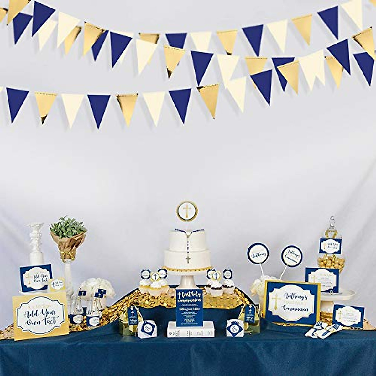 30 Ft Navy Blue Beige Gold Party Decorations Hanging Paper Triangle Flag Pennant Banner Bunting Garland for Bachelorette Engagement Wedding Birthday Baby Bridal Shower Anniversary Hen Party Supplies