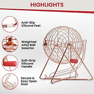 MR CHIPS 11" (Inch) Tall Professional Bingo Set with Steel Bingo Cage, Everlasting 7/8” Bingo Balls, 18 Bingo Cards and 300 Bingo Chips - Rose Gold Color