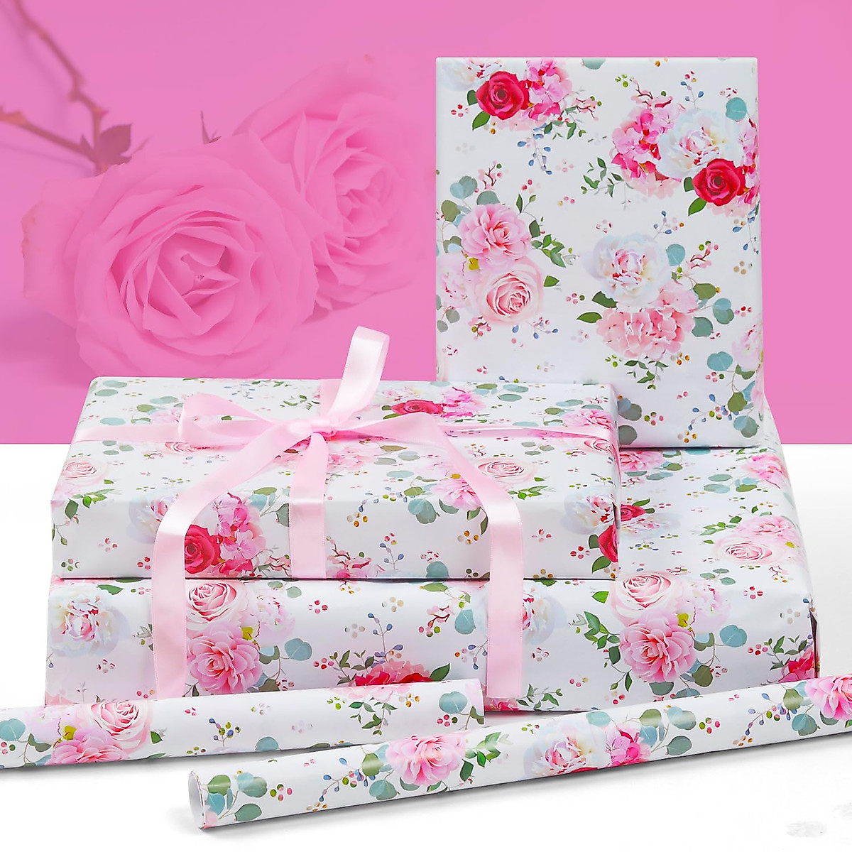 Wedding Wrapping Paper and Ribbon Set for Girls Women, 6 Folded Sheets Pink Red Rose Design, 20 x 28 inch Gift Wrap Paper for Floral Bridal Shower Engagement Wedding Birthday Party Anniversary