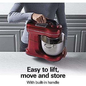 Hamilton Beach Electric Stand Mixer, 4 Quarts, Dough Hook, Flat Beater Attachments, Splash Guard 7 Speeds with Whisk, Red