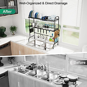 GSlife Over The Sink Dish Drying Rack Stainless Steel 2 Tier Dish Rack Above Kitchen Sink Shelf Durable Dish Drainer, Black