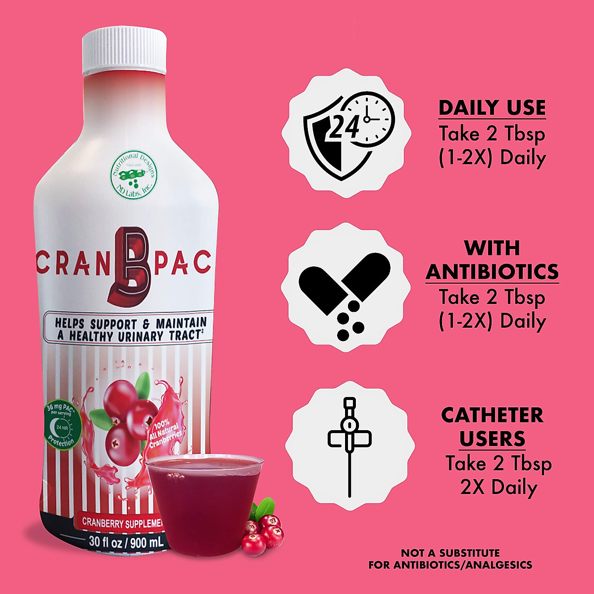 Nutritional Designs Cran-B-PAC Cranberry Supplement, Urinary Tract Health for Women Cranberry Concentrate Liquid with Vitamins, UTI Prevention for Women, Natural & Non GMO, 36mg PAC, 30 Oz Bottle