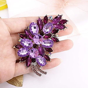 LAXPICOL Vintage Purple Austrian Crystal Flower Leaf Bouquet Clusters Large Big Brooch Pin for Women Jewelry