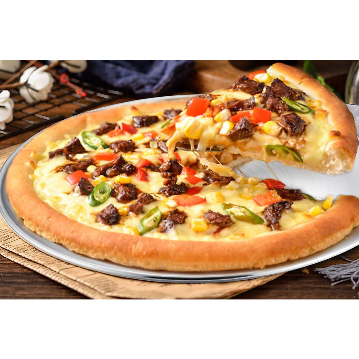 TeamFar Pizza Pan, 13.4 inch Stainless Steel Pizza Pan Set Large Pizza Oven Pans Tray for Baking Serving, Healthy & Heavy Duty, Oven & Dishwasher Safe - 2 Piece